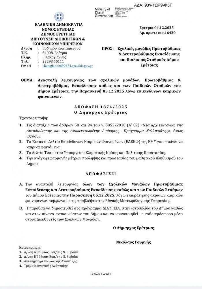 Κλειστά σχολεία λόγω κακοκαιρίας αύριο 5/12 - Συνεχής ενημέρωση